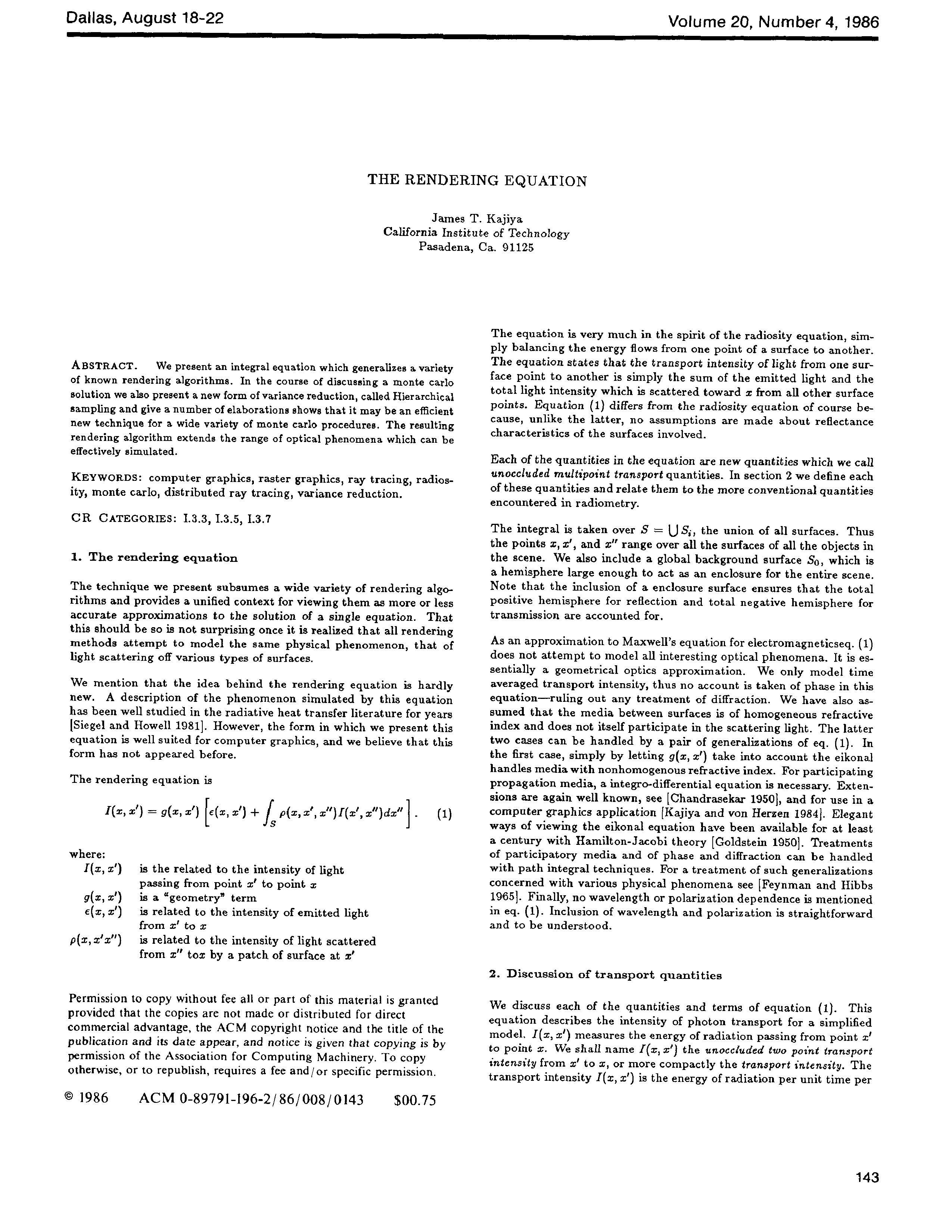 《The Rendering Equation》简译 - Quercus的技术记录